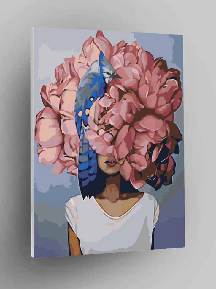 Raqamlar bo'yicha rasm "Gullar va qush bilan qiz"